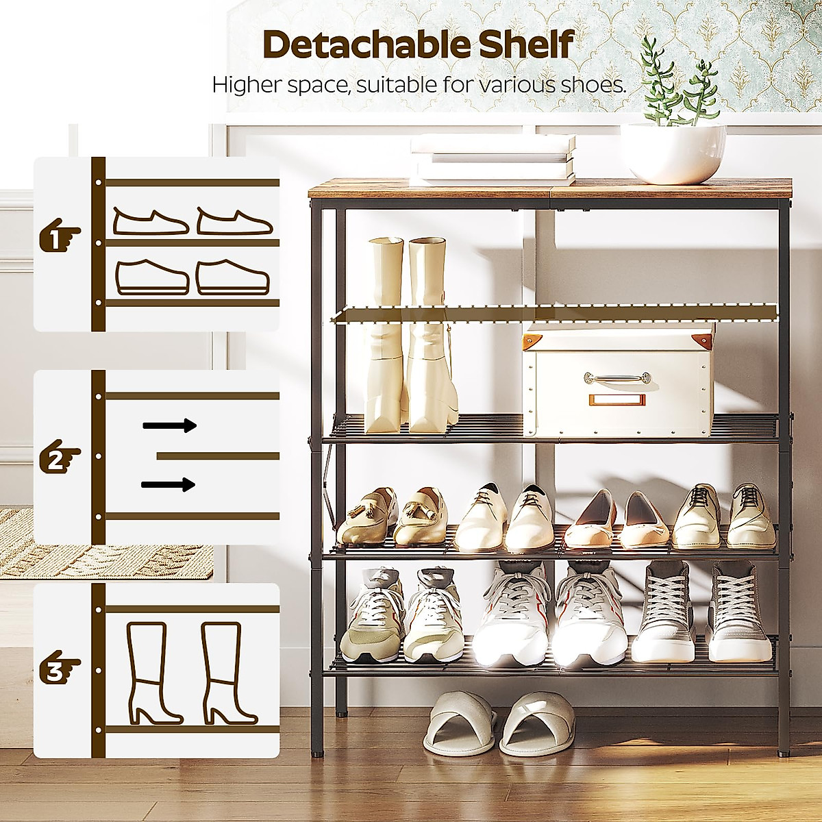 YATINEY 5-Tier Shoe Rack, Shoe Storage for Entryway and Closet, Free Standing Shoe Organizer with Metal Mesh Shelves, 16-20 Pairs of Shoes, Rustic Brown and Black SS05BR