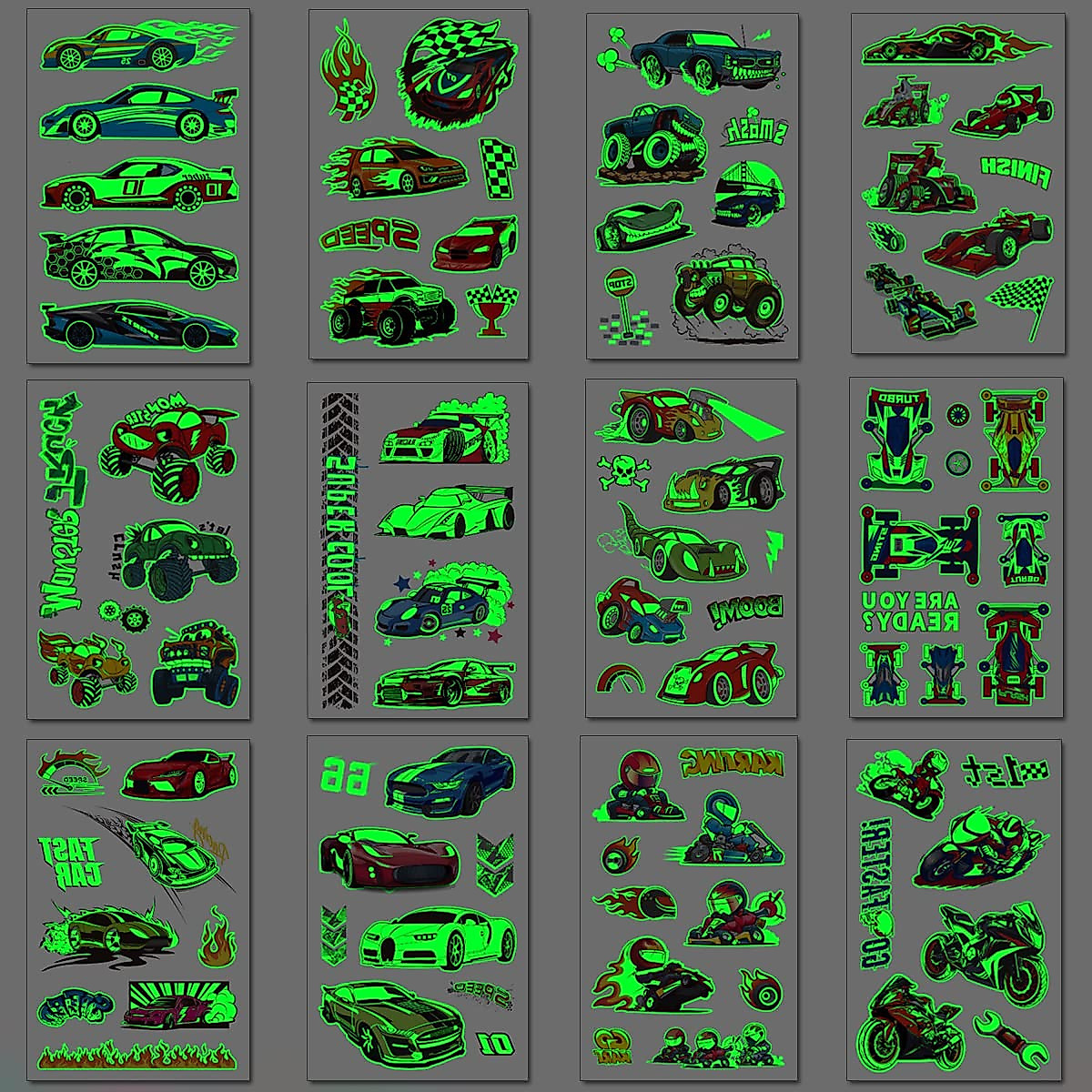 Ukicra Luminous Racing tattoo stickers,12 Sheets Race Car Temporary Tattoos for Kids,Waterproof Glow in The Dark Cartoon Tattoo Stickers Party supplies for Kids Boys Girls