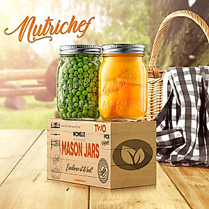 NutriChefKitchen Mason Jars with Lids - 16oz DIY Magnetic Spice Jar Glass Container w/Airtight Lid and Band - Ideal for Meal Prep, Overnight Oats,Jelly,Jam, Honey,Candles,Crafts,Wedding Favors (2 Pcs)