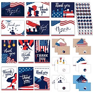 Decorably 120 Pack Veterans Day Cards with Envelopes & Stickers - 12 Designs Blank Inside Military Thank You Cards, 6x4in Patriotic Thank You Cards, Veteran Day Cards, Veteran Thank You Cards