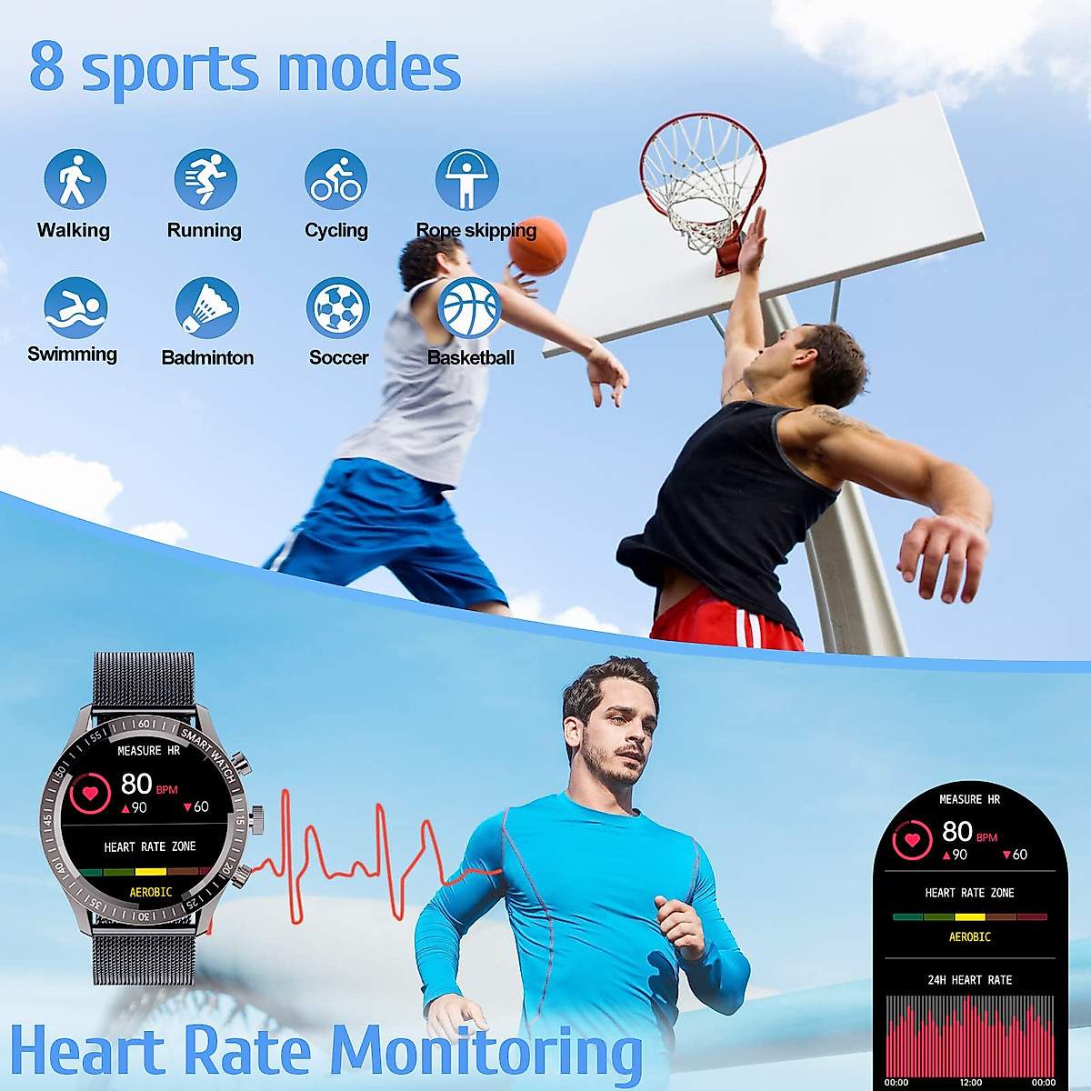 BOZLUN Smart Watch for Men, 1.32" HD Touch Screen with Heart Rate Monitor Blood Pressure Monitor Sleep Quality Fitness Watch Tracker, 5ATM Waterproof Smart Watch for Android and iPhone