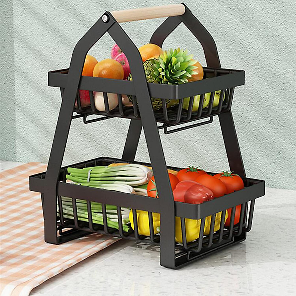 ZUOVAOV 2 Tier Countertop Fruit Basket, Removable Metal Rectangular Wire Basket, Black Vegetable Bread Basket Storage Rack, Kitchen Table Top Fruit Bowl (Black)