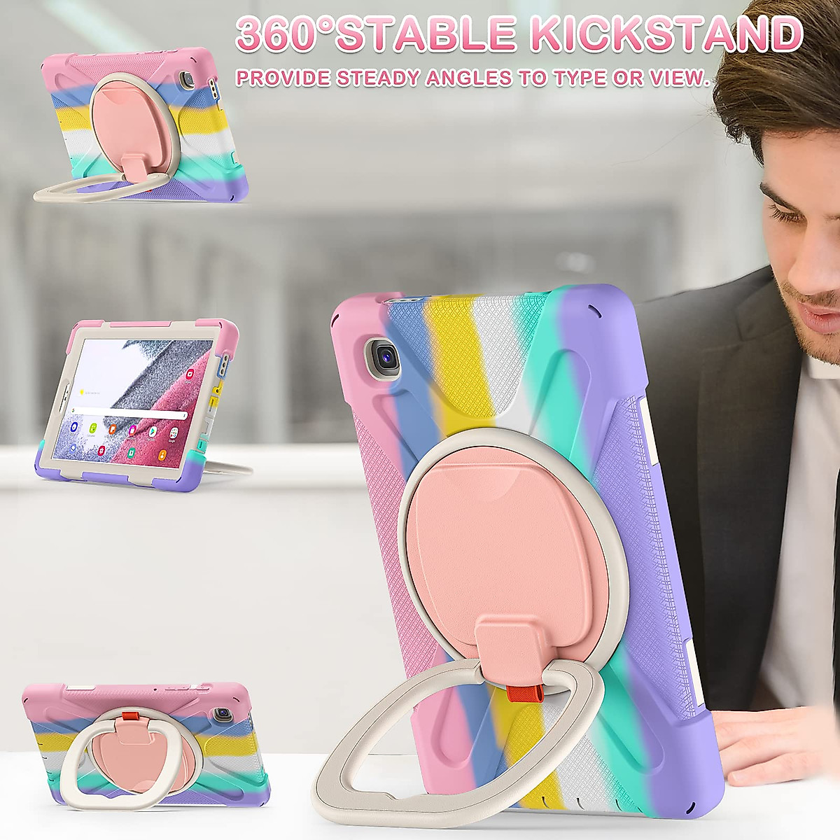 BATYUE Case for Samsung Galaxy Tab A7 Lite;Galaxy Tab A7 Lite Case 8.7 inch 2021 Released( SM-T220/SM-T225)Protective Case for Kids with Pencil Holder,360° Swivel Stand,Shoulder Strap - Colourful Pink