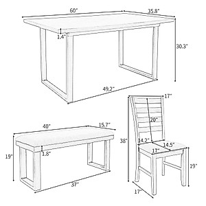 Quarte Wood Dining Table Set, Rrectangle Table and 4 Chairs with Bench, Kitchen Family Furniture Set of 6, Rustic Style