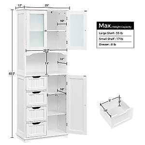 Topeakmart 65.5″ Tall Storage Cabinet Kitchen Cupboard with Glass Door Freestanding Floor Cabinet with Open Compartment, Drawer, Adjustable Shelf for Bathroom, Kitchen, Living Room