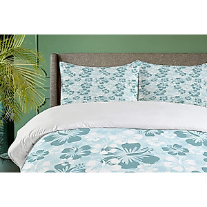Ambesonne Hawaiian Duvet Cover Set, Rainforest Sea Coasts Palm Trees Happy Times Simple Monochromic Art, Decorative 3 Piece Bedding Set with 2 Pillow Shams, Queen Size, Blue White