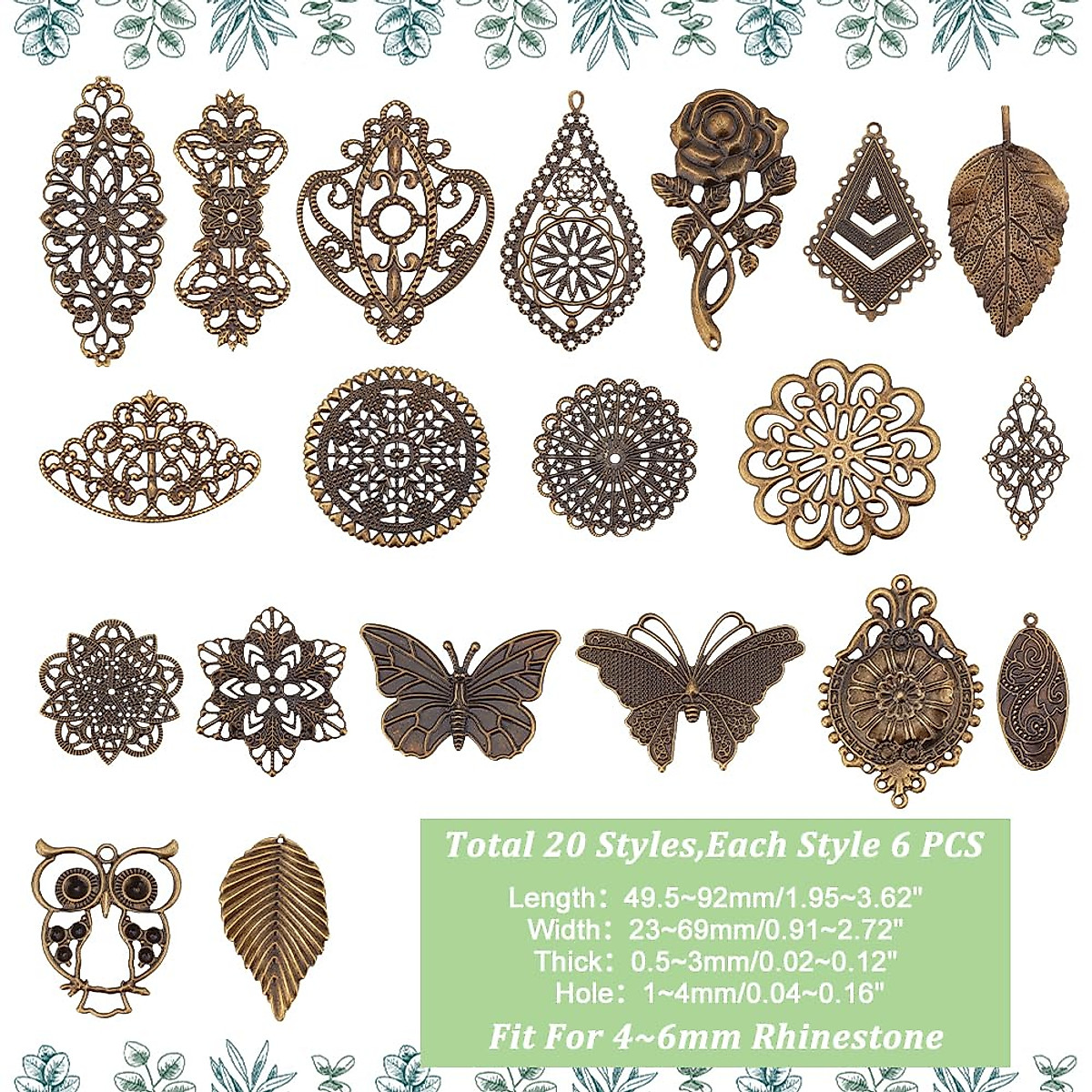 PH PandaHall 120pcs Filigree Metal Embellishments 19 Style Filigree Connectors Charms Antique Bronze Flower Animal Pendants for Steampunk Mixed Media Art Hairpin Headwear Necklace Jewelry Making