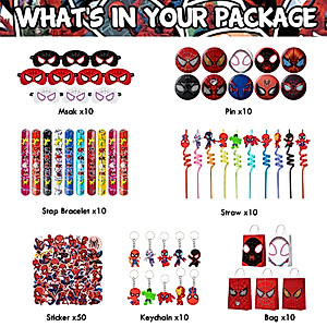 TLTSDWQ spidey and his amazing friends birthday decorations,110Pcs Party Favors,Include 10 Circles,10 Pattern Decorations,10 Key Chains,10 Masks,10 Gift Bags,10 Straws and 50 Stickers