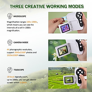 Barchrons Microscope for Kids, 1000X Handheld Kids Microscope with 6 Adjustable LED Lights, Easter Gifts for Kids Ages 8-12, 32G SD Card Included-White