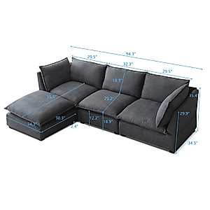 GNIXUU Cloud Modular Sectional Sofa, Convertible Large L-Shape Feather Filled Comfort Sectional Sofa with Ottoman, Linen Deep 4 Seat Couches for Living Room. Washable Cover, Gray