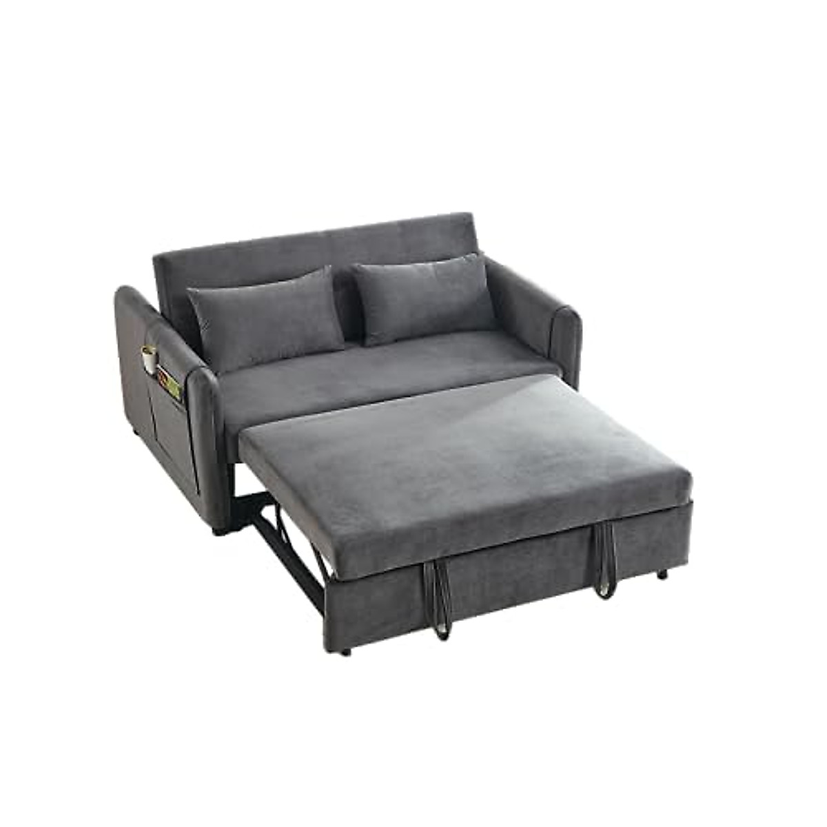 Mbolyeer 54" Modern Convertible Sleeper Sofa Bed, Velvet Loveseat Sofa Couch w/Pull-Out Bed, Seat with Adjustable Backrest, Lumbar Pillows, and Living Room Side Pockets, Gray