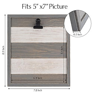 PETAFLOP Wooden Clip Picture Frame 5x7 Rustic, Handmade Farmhouse 5 by 7 Frame, Home Gallery Tabletop Decor for Display Photo Memo Artwork, Distressed White and Gray Strips
