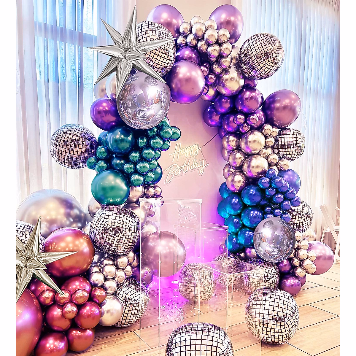 Metallic Balloon garland kit 135Pcs Disco Party decorations with Chrome Blue Red Purple Silver Disco ball balloons for 80s 90s Themed Birthday graduation 2024 new year Party eve Decorations