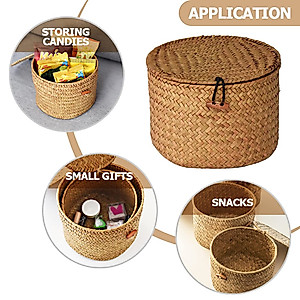 STOBAZA Wicker Storage Basket Round Storage Basket Desktop Sundries Organizer Lidded Basket Bin Gifts Basket Snacks Candy Container Toilet Paper Roll Box for Home Office Bedroom Centerpiece Tray