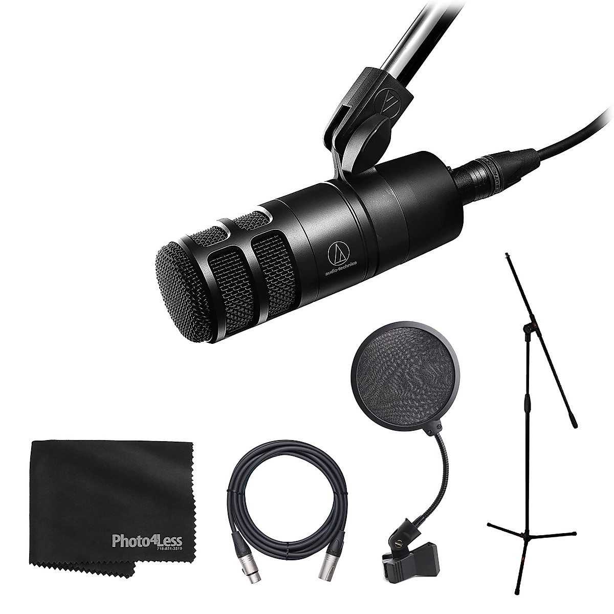 Audio Technica AT2040 Mic 20 Series Front Address Dynamic Mic + Tripod Base Mic Stand with Boom + Pop Filter + Microphone Cable - Top Value