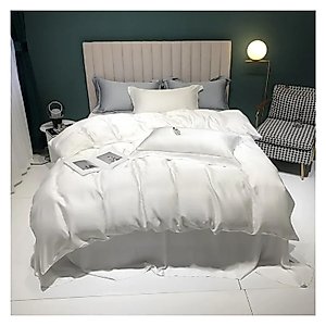 GLAMDIA Bed, Luxury Silk Dark Gray Bedding Set Duvet Cover Bed Linen Pillowcase Flat Sheet Or Sheet Set, Queen, White, MM-102