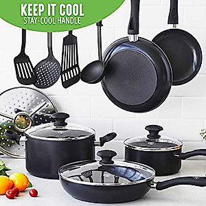 GreenLife Soft Grip Healthy Ceramic Nonstick 16 Piece Kitchen Cookware Pots and Frying Sauce Saute Pans Set, PFAS-Free with Kitchen Utensils and Lid, Dishwasher Safe, Black Diamond
