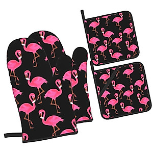 YILEQUAN Lovely Pink Flamingos Print Oven Mitts and Pot Holders Sets,Kitchen Oven Glove High Heat Resistant 500 Degree Oven Mitts and Potholder,Surface Safe for Baking, Cooking, BBQ,Pack of 4