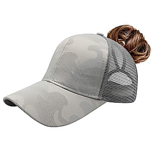 Womens Ponytail Messy High Buns Trucker Ponycaps Plain Baseball Cap Dad Hat Adjustable Snapback (001-2packs(Black camo+Grey camo), One Size)