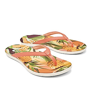 OLUKAI Ho'opio Hau Women's Beach Sandals, Quick-Dry Flip-Flop Slides, Water Resistant Suede Lining & Wet Grip Soles, Soft Comfort Fit & Arch Support, Shell Coral/Pineapple, 8