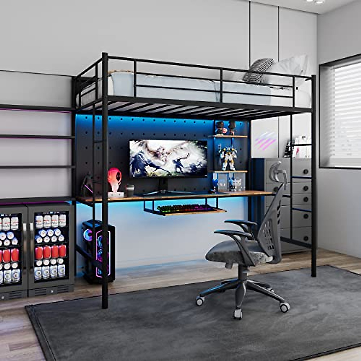 Giantex Twin Loft Bed with Desk and Bookcase, Metal Bunk Bed Frame w/Guardrail & Bilateral Ladder for Kids Teens Adults, Space-Saving Loft Bed with Keyboard Tray, No Box Spring Needed, Black