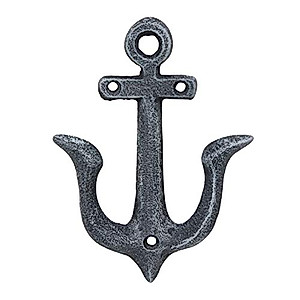 Stonebriar Antique Pewter Silver Cast Iron Anchor Double Wall Hook, Rustic Nautical Design, 5.5"