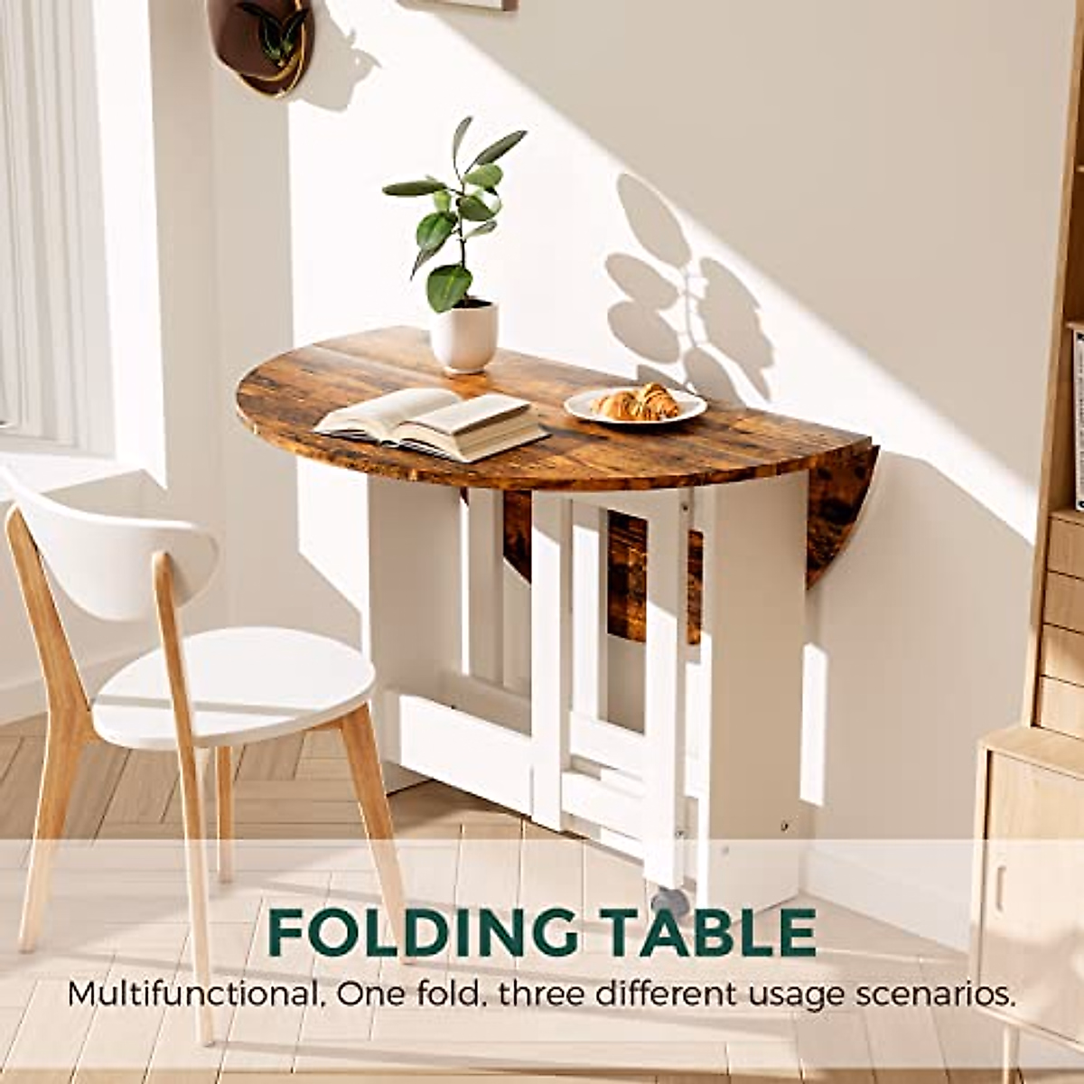 Kasshom Folding Dining Table Upgrade Version, Convertible Drop Leaf Table for Kitchen/Farmhouse/Living Room, Space Saving Dining Room Table with 2 Layer Storage Racks, Rustic Brown