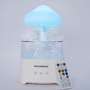 Rain Cloud Humidifier Water Drip, 2X Cool Mist Rate Ultrasonic Aromatherapy Diffuser by Ergonomc: Remote Controlled, 7 Color Night Light, 450ml, Auto Shut Off, Mushroom Humidifier, 1Yr Warranty