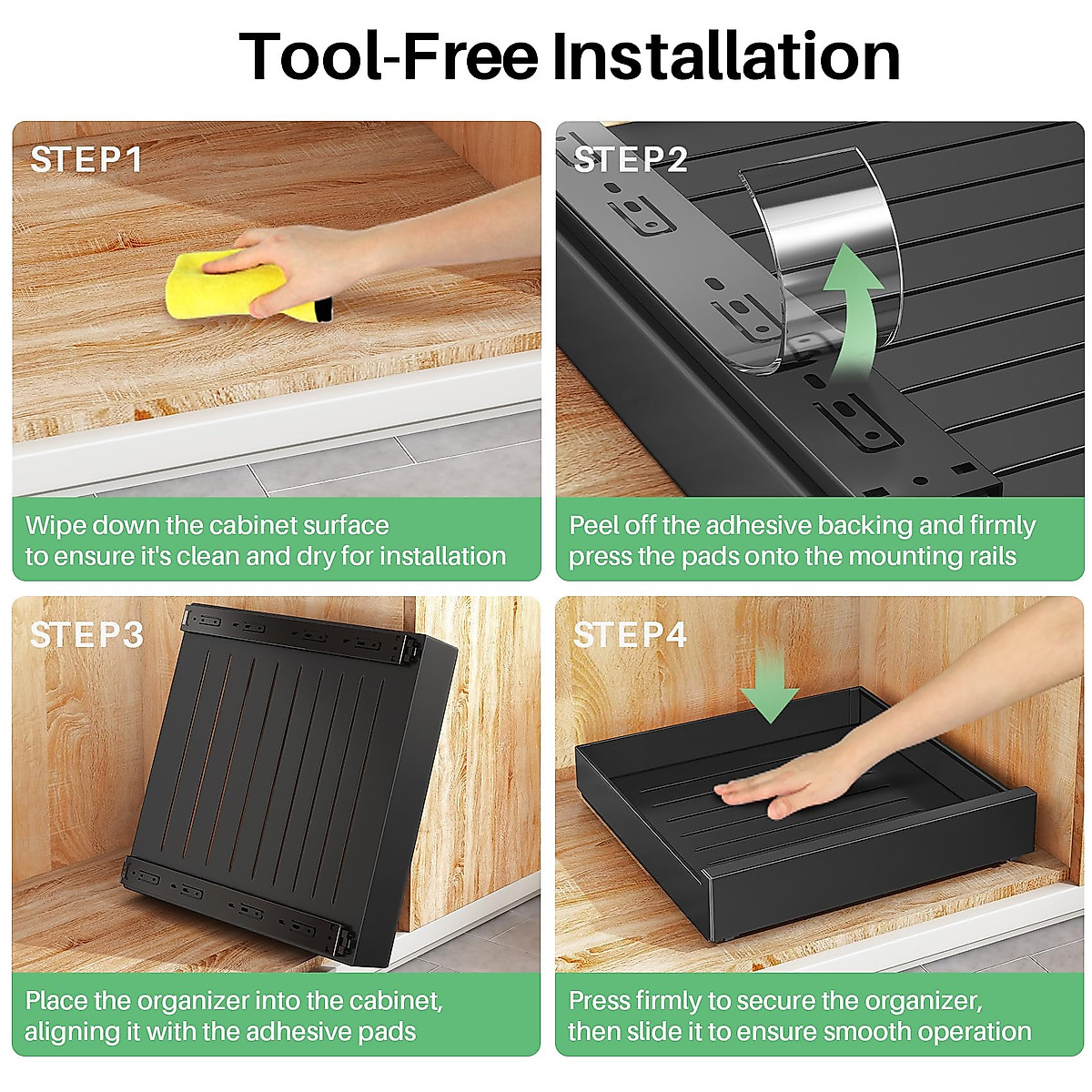 Pull out Cabinet Organizer, 21"Deep, Slide out Drawer Organizer for Kitchen Cabinets, Under Sink Organizers and Storage with Adhesive Nano Film Fixed, Sliding Organization Bins for Bathroom, Pantry