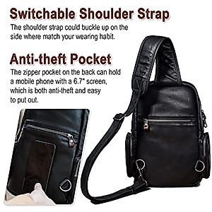 CENUNCO Genuine Leather Sling Bag for Men Capacity Crossbody Backpack Casual Motorcycle Chest Bag Anti-Theft Travel Purse (Black)