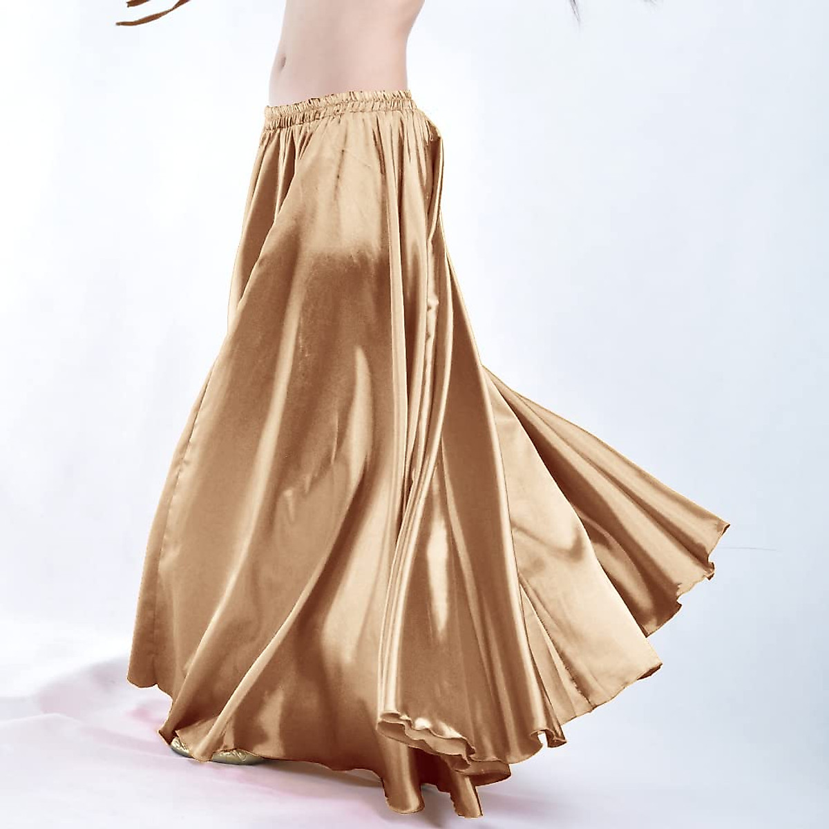 VNOEVW Womens 38" Satin Full Shiny Long Dance Skirt for Latin Halloween Belly Dance Church Performance (Dark Gold)