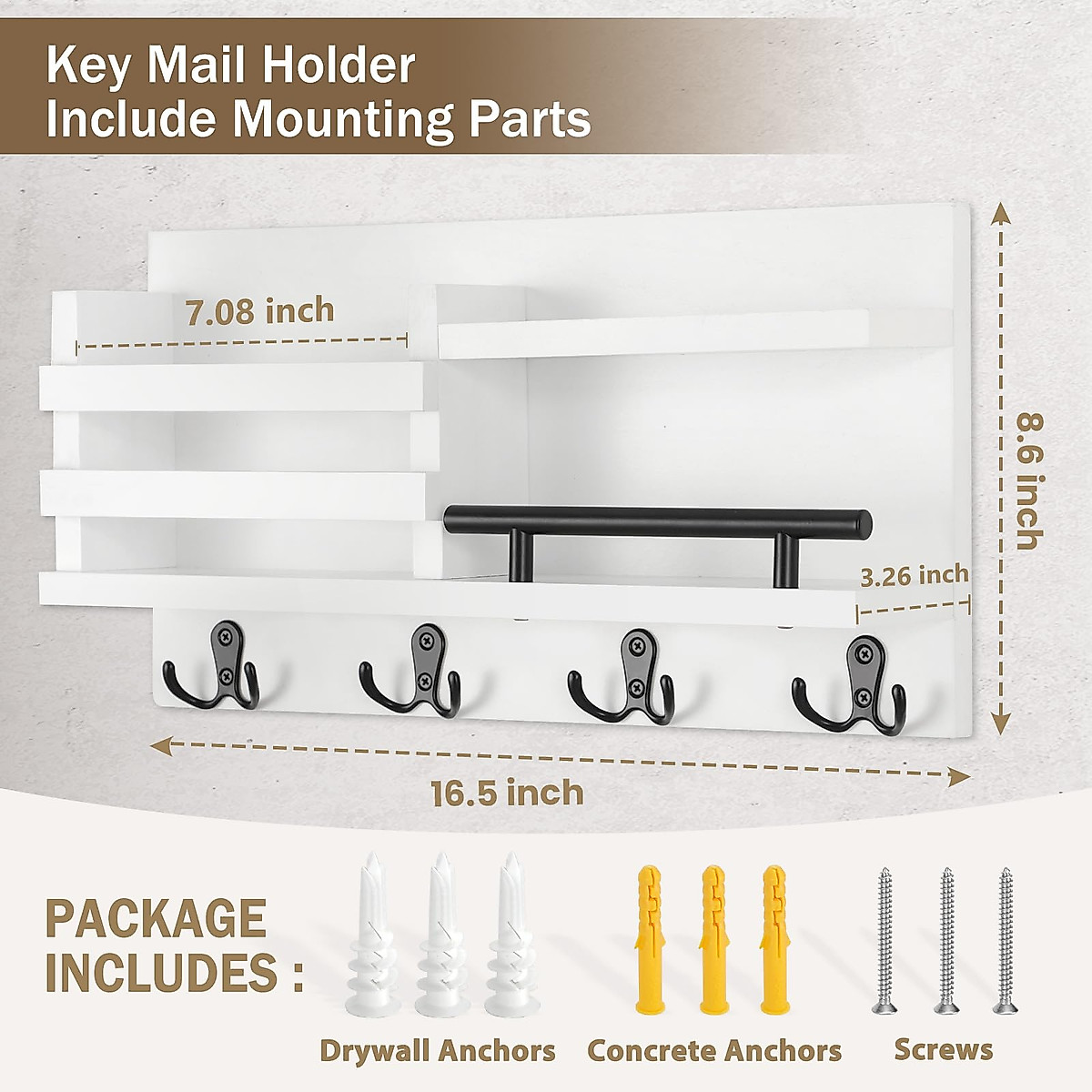 Lucundm Key and Mail Holder for Wall, Key Holder Wall Mount with Shelf and 4 Anchor Key Hooks, Rustic Key Hanger for Farmhouse Entryway Decor (White)