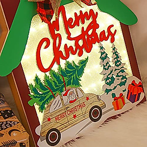 KIMOBER Lighted Merry Christmas Hanging Sign,Battery Operated Rustic Wooden Cabin Hanging Xmas Sign for Front Door Outdoor Indoor Decorations