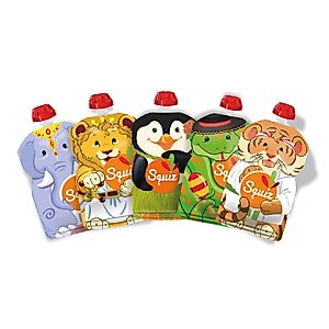 SQUIZ - 5 Swiss-Made Reusable Food Pouches 4,4 oz (130ml) - Refillable Squeeze Food Storage for Baby, Toddler and Kids - Washable and Freezer Safe Bags - BPA Free - Fun Designs