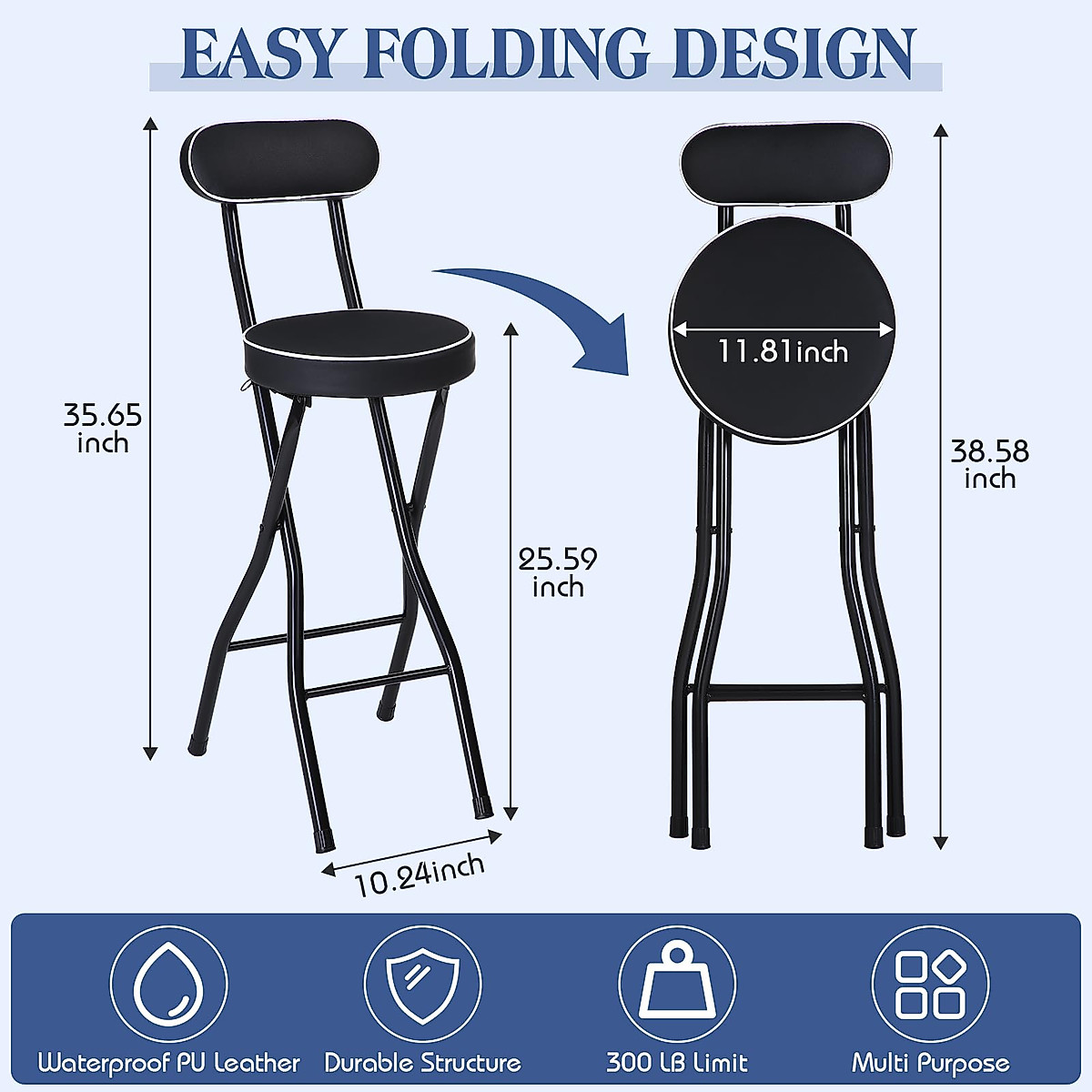 Thyle Folding Stool with Backrest 25.6 Inch Counter Height Folding Bar Stools with Cushioned Padded Foldable Portable Chairs for Adults Kitchen Garden Camping(Black,2 Pcs)
