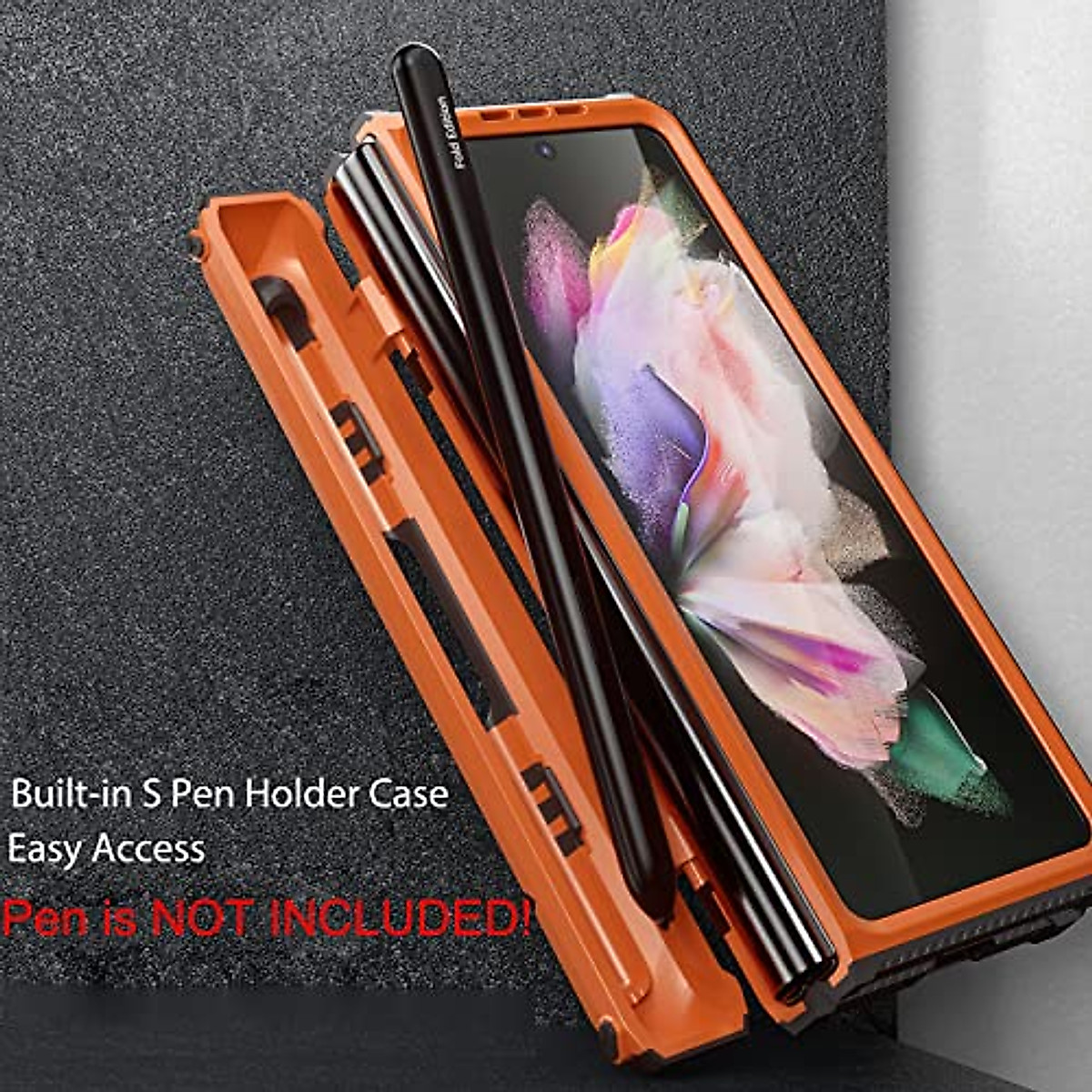 FONREST Rugged Case Armor for Samsung-Galaxy-Z-Fold-3 w/Built-in [Kickstand] [S Pen Holder] [Screen Protector] [Hinge Protection], Heavy Duty Shockproof Protective Cover NOT FIT Z Fold4/2 (Orange)