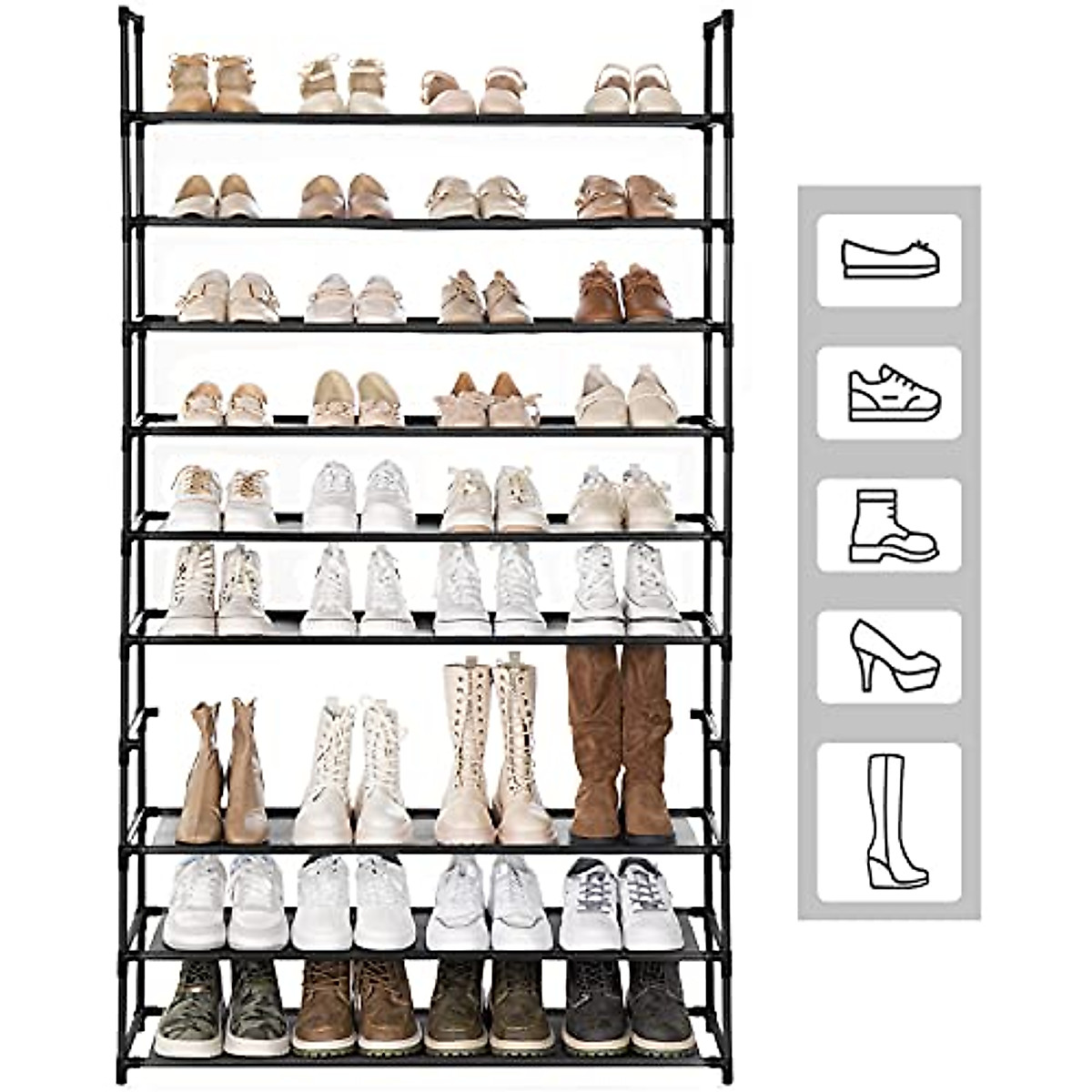 Camabel 10 Tiers Shoe Rack Capacity 130lbs for 60 Pairs Stackable Narrow Expandable Non-Woven Fabric Shoe Storage Organizer Cabinet Tower Shelf Space Saving Assembly High Shoes Black BG361