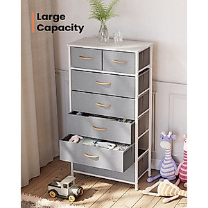 Pellebant Dresser for Bedroom with 7 Drawers, Tall Dresser Vertical Storage Tower, Sturdy Metal Frame, Fabric Storage Bins with Wooden Handle, Wooden Top, Organizer Unit for Closet/Hallway, Light Grey