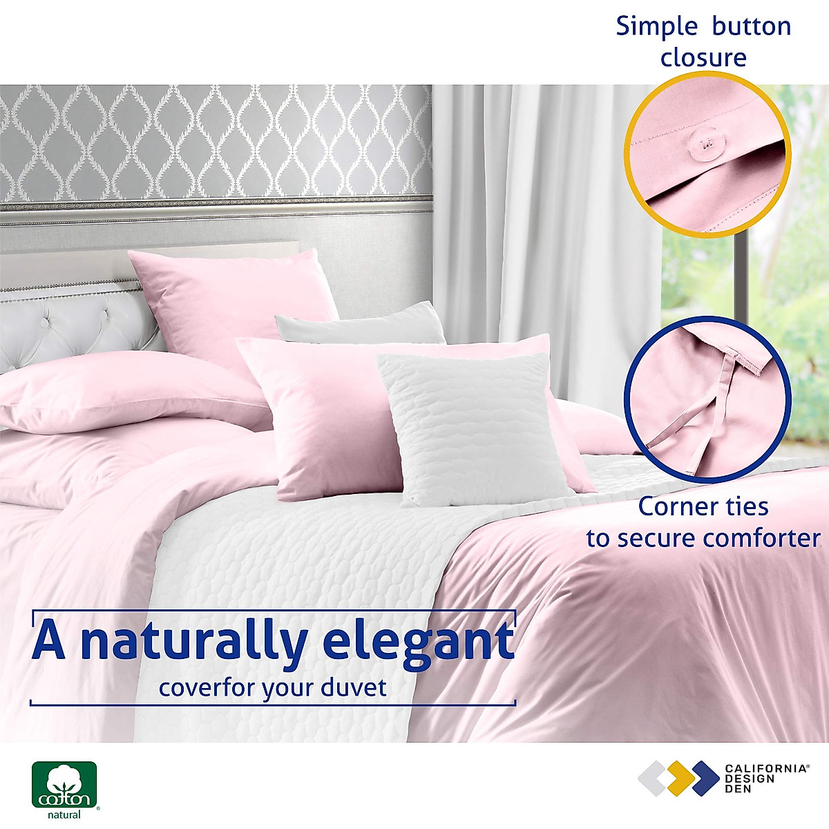 California Design Den King Size Duvet Cover Set, 400 Thread Count 100% Cotton Sateen, Soft Luxury Sateen Weave Comforter Cover and Two Pillow Shams, Button Closure and Corner Ties (Pink, King)