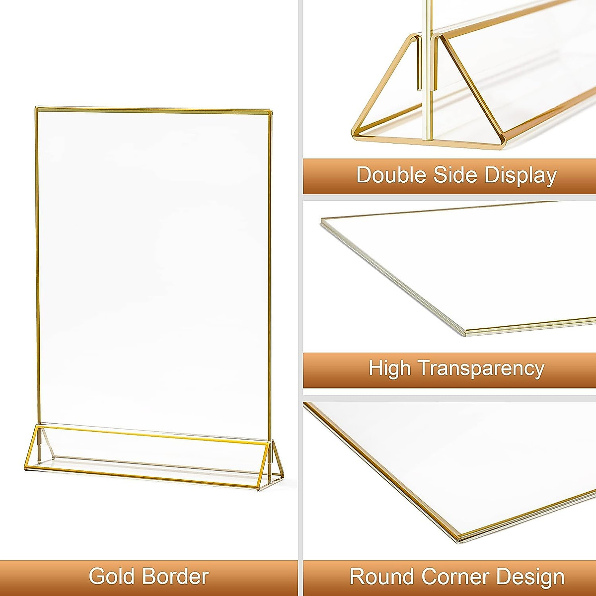 VORIOB Acrylic Sign Holder 5X7 Gold Frames,Clear Sign Holder,Table Sign Holder for Wedding Table Numbers Art Display 4Pack