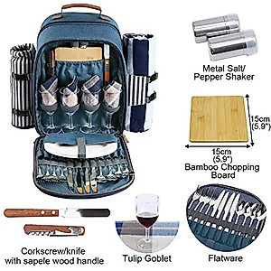 Sunflora Picnic Backpack for 4 Person with Blanket Picnic Basket Set for 2 with Insulated Cooler Wine Pouch for Family Couples (Blue & Stripe)