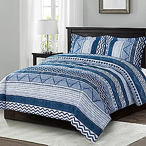 Shatex Full Size Comforter Set (86x82Inch) 3 Pieces,Cozy Bedding for All Season,Blue Bohemian Stripes Comforter,Ultra Soft 100% Microfiber Polyester,Triangle Comforter with 2 Pillow Shams (20x26Inch)