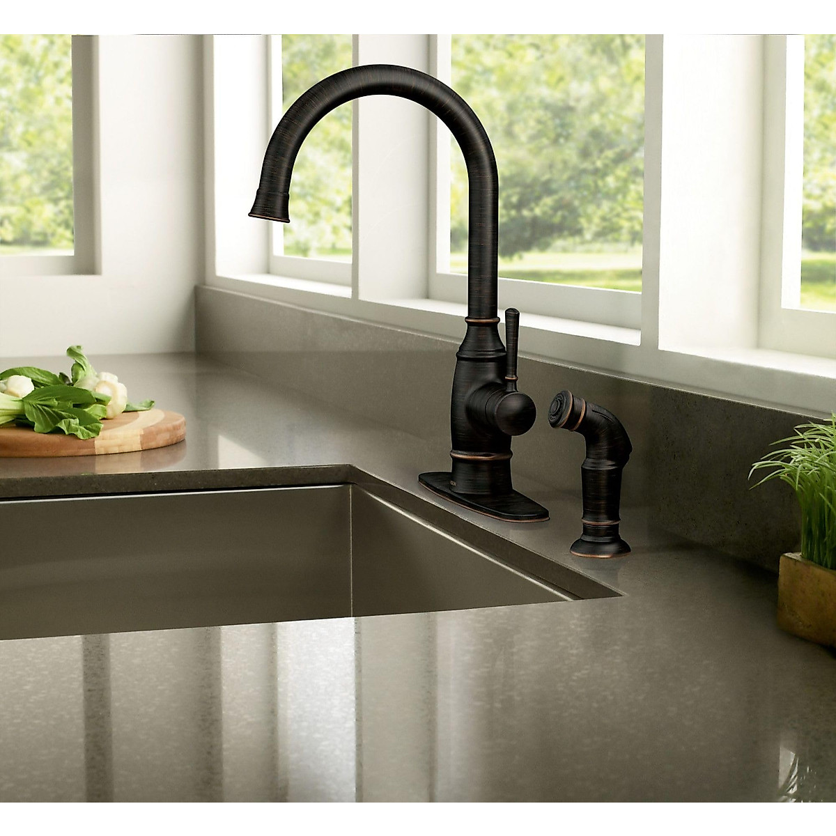 Moen Noell Mediterranean Bronze Traditional Single-Handle Standard Kitchen Faucet with Side Sprayer, 87506BRB