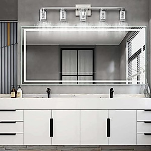 stambord Bathroom Light Fixtures, 5 Light Brushed Nickel Bathroom Vanity Light Over Mirror, 3 Color LED Vanity Lights with Crystal Bubble Glass, Dimmable Wall Sconce Lighting for Bathroom，Living Room