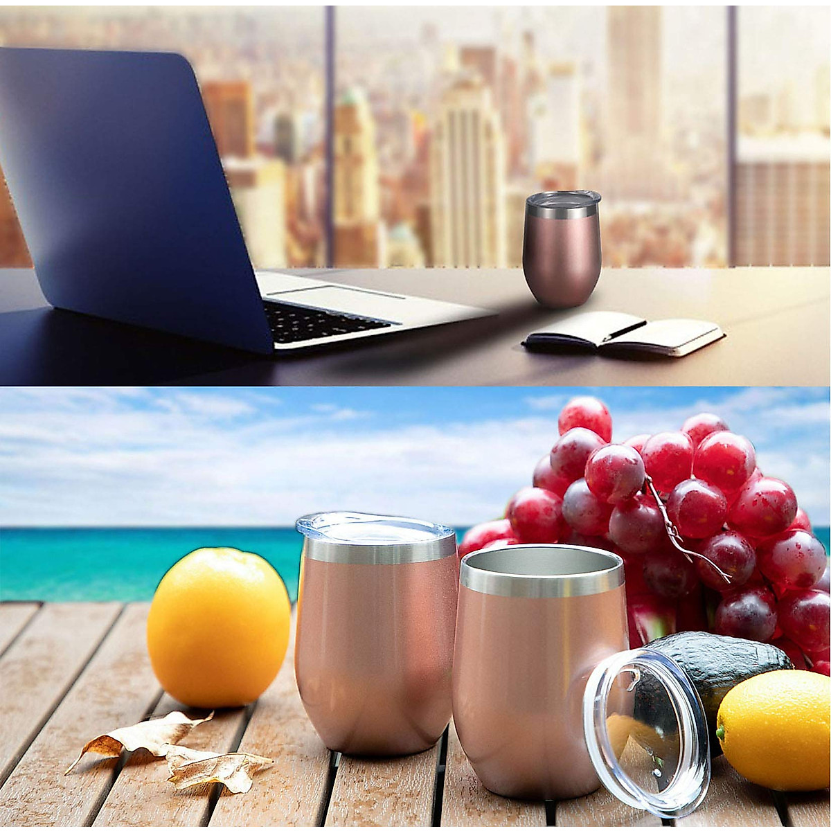 SUNWILL Insulated Wine Tumbler with Lid Rose Gold, Double Wall Stainless Steel Stemless Insulated Wine Glass 12oz, Durable Insulated Coffee Mug, for Champaign, Cocktail, Beer, Office