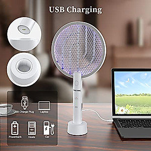 TMACTIME Electric Fly Swatter 4000V Bug Zapper Racket 2 in 1 Fly Zapper with USB Rechargeable Base and 3-Layer Safety Mesh for Bedroom Kitchen Patio and Outdoors