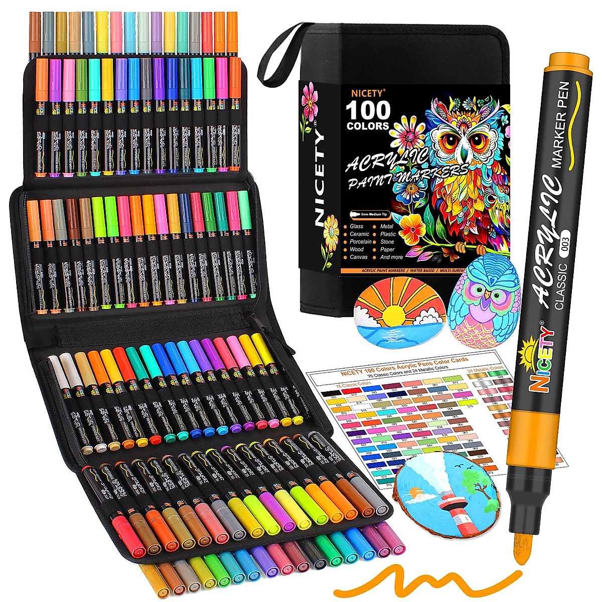 NICETY 100 Colors Acrylic Paint Pens Paint Markers, 3mm Medium Tip Paint Markers for Rock Painting, Canvas, Wood, Stone, Ceramic, Glass, Fabric, DIY Crafts & Art Supplies