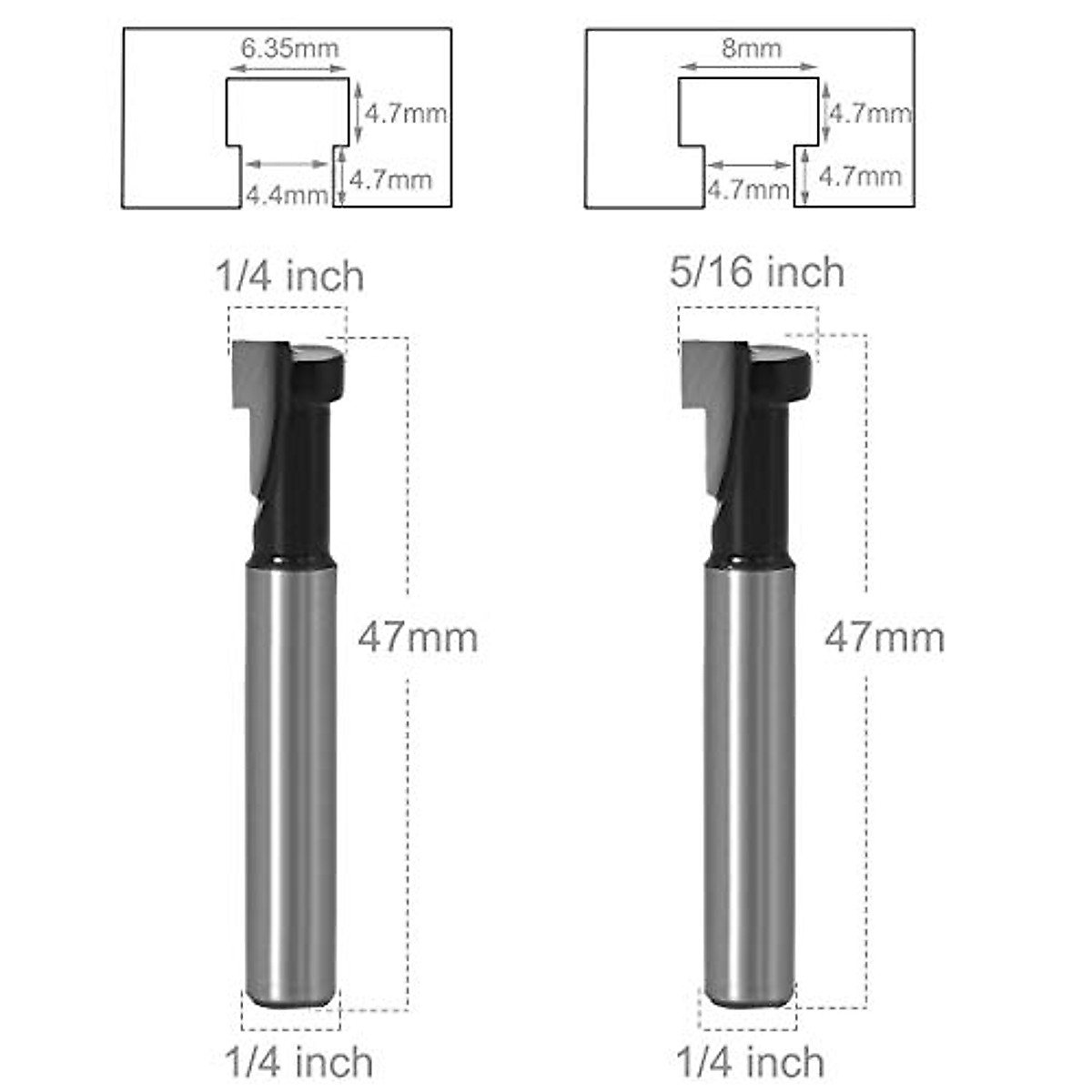 Saipe 5pcs T-Slot Cutter Router Bit 1/4 Inch Shank Keyhole Router Bit Set with 1/4 & 5/16 & 3/8 & 1/2 & 9/16 Inch Blade Diameter for Wood Hex Bolt T-Track Slotting Wood Milling Cutter