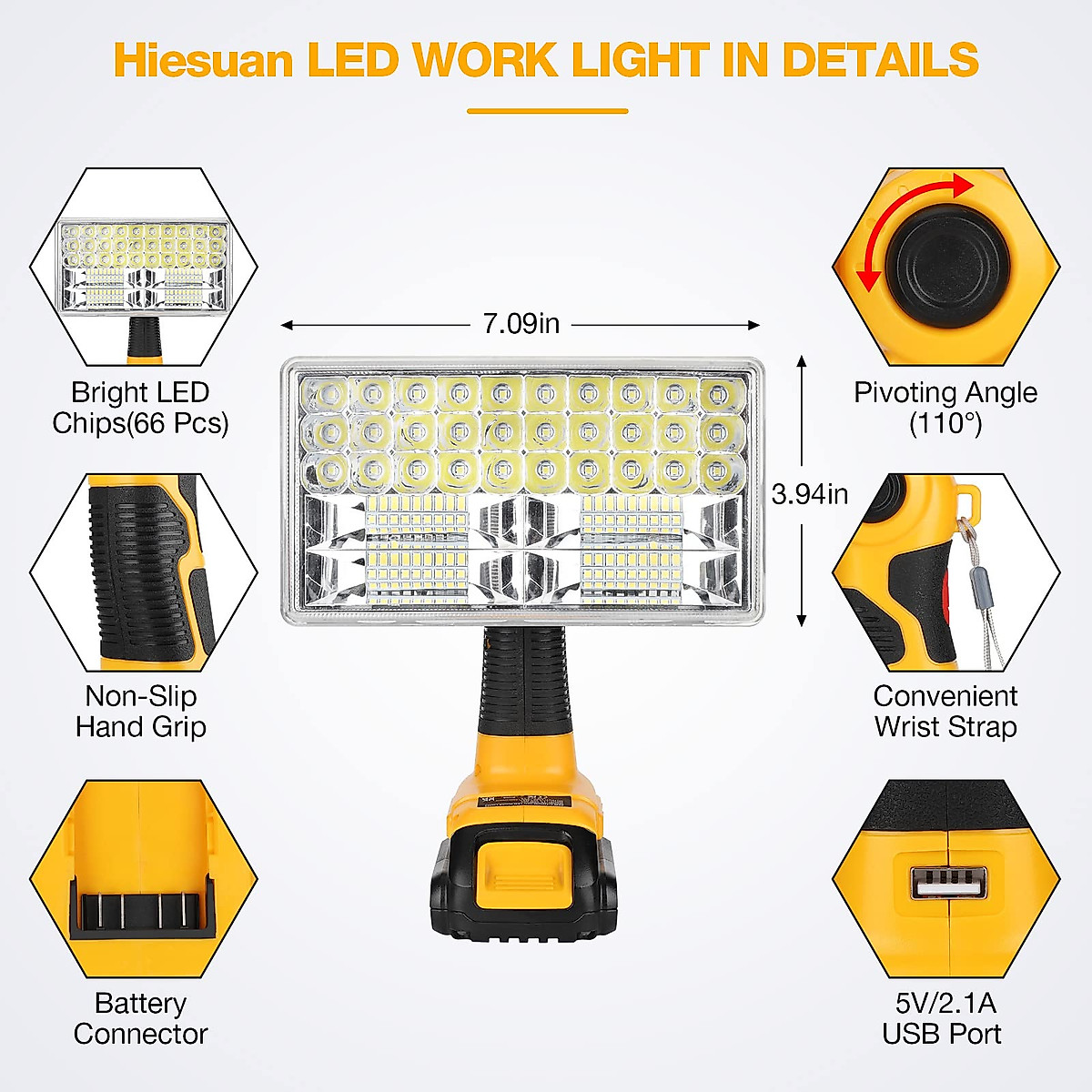 Hiesuan for Dewalt 20V Max LED Work Light, 30W 3300LM Jobsite Light Powered by DeWalt 20V MAX Li-Ion Battery DCB205 Flashlight Spotlight with 110 Degree Pivoting Head Zinc Alloy, 5V 2.1A USB Port