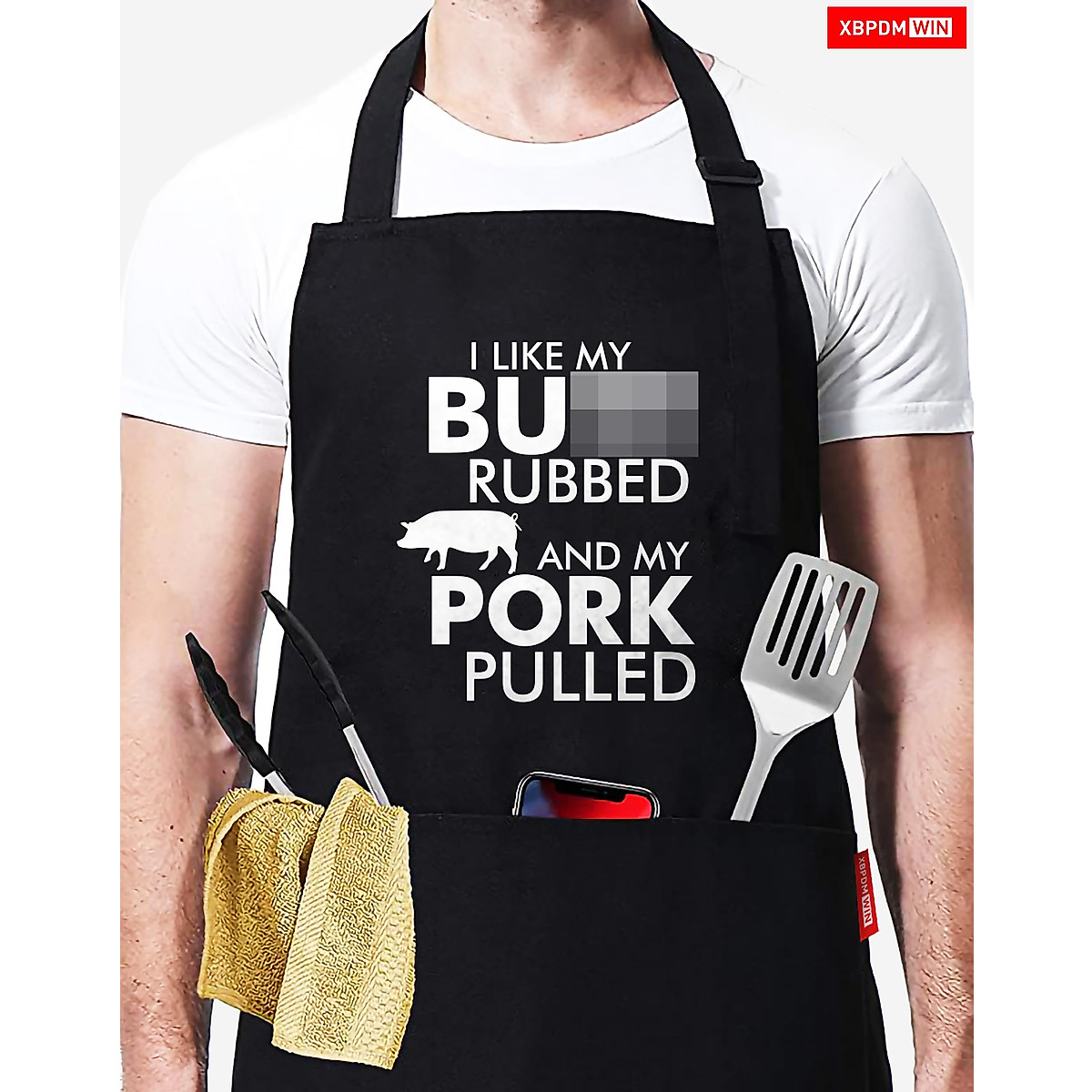 XBPDMWIN Funny Cooking Aprons for Men - I Like My Butt Rubbed and My Pork Pulled - Grilling BBQ Apron for Mens with 2 Pockets - Birthday Gifts for Men, Husband, Boyfriend, Guy, Dad, Friends, Him